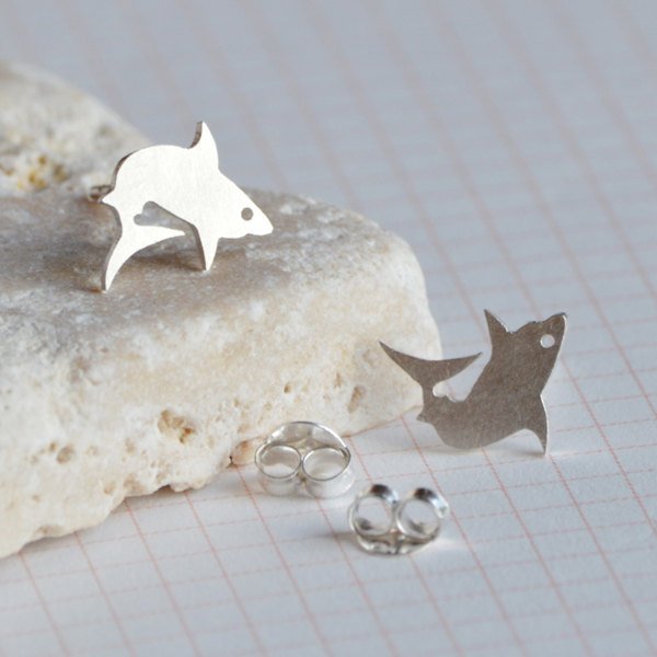 Shark Earring Studs In Sterling Silver, Animal Earring Studs, Handmade In The Uk on Luulla