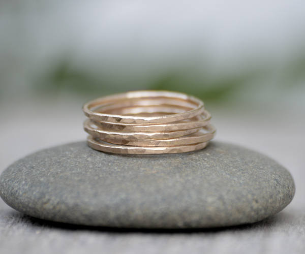 Slim Stacking Rings In 14k Yellow Gold, Rustic Stackers, Hammered ...