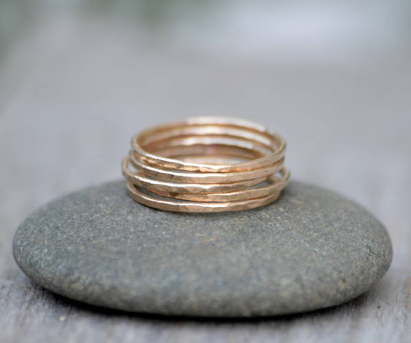Slim Stacking Rings In 14k Yellow Gold, Rustic Stackers, Hammered ...