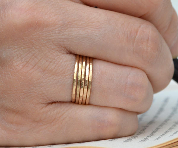 Slim Stacking Rings In 14k Yellow Gold, Rustic Stackers, Hammered ...