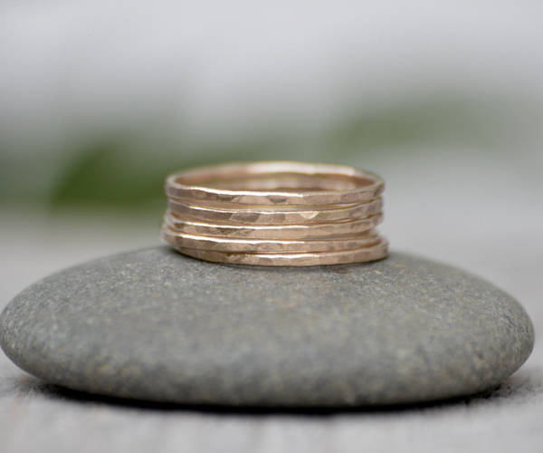 Slim Stacking Rings In 14K Yellow Gold, Rustic Stackers, Hammered ...